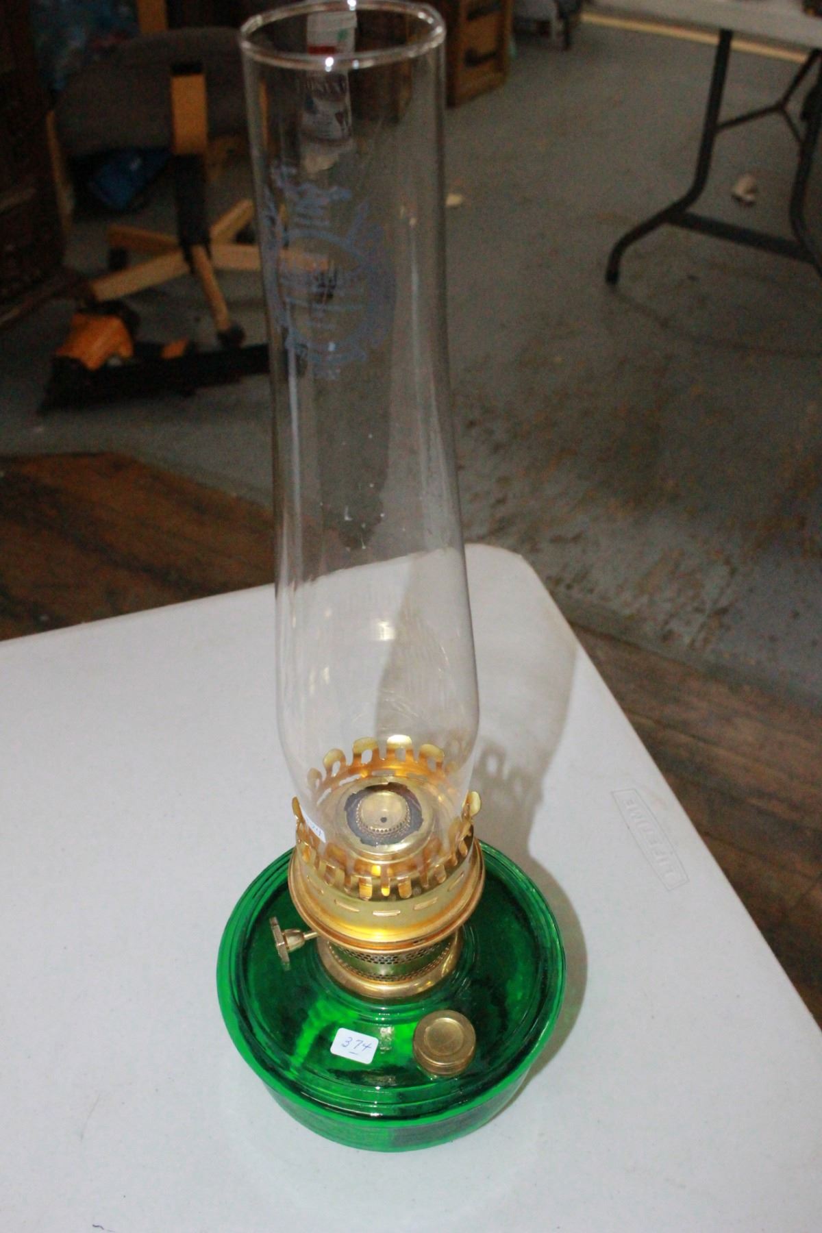 Hanging Aladdin Lamp - Green Glass Font, & Aladdin Chimney