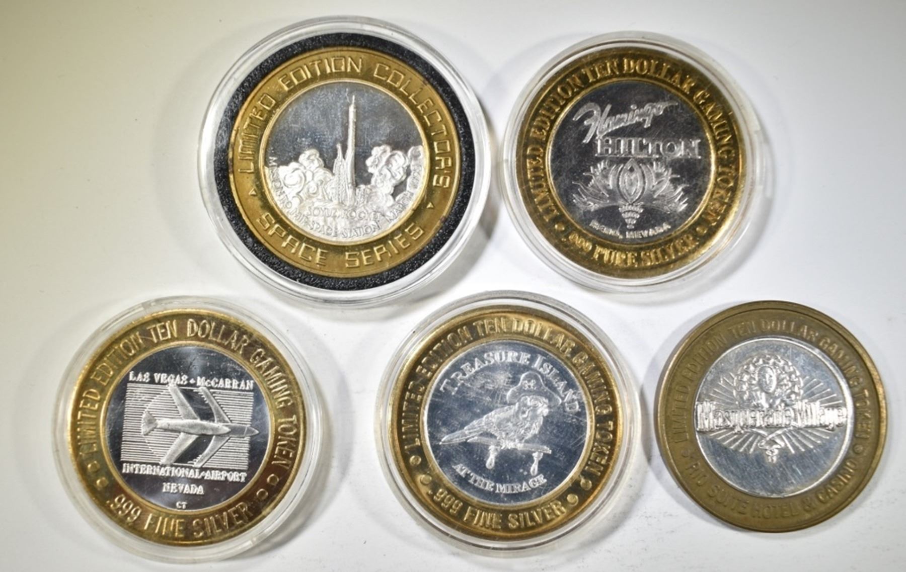 5 LIMITED EDITION $10 SILVER GAMING TOKENS