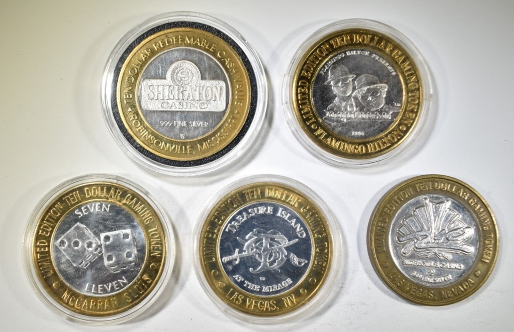 5 LIMITED EDITION $10 SILVER GAMING TOKENS