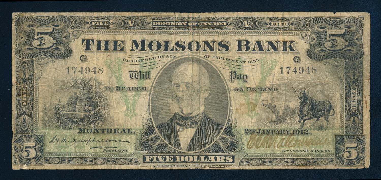 THE MOLSONS BANK 1912 $5.00. 490-32-02, Macpherson-Various. Graded ...