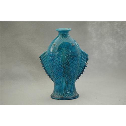 Antique blue glazed porcelain fish vase. #1383326