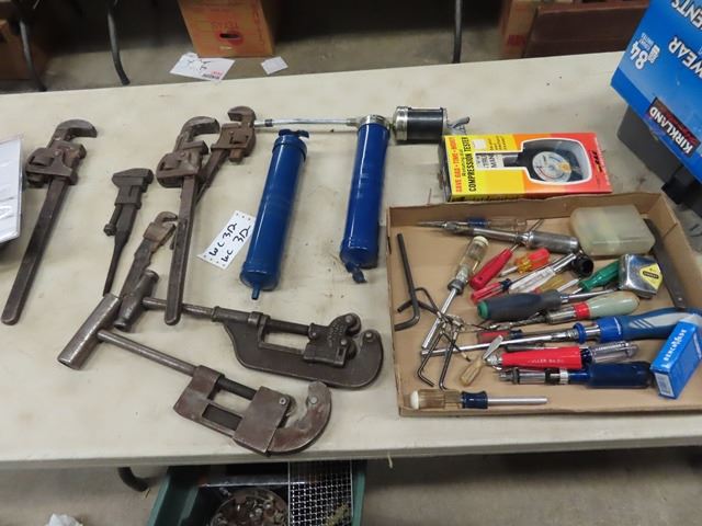 5 Pipe Wrenches, 2 Pipe Cutters, Air Grease Gun, Compression Tool ...