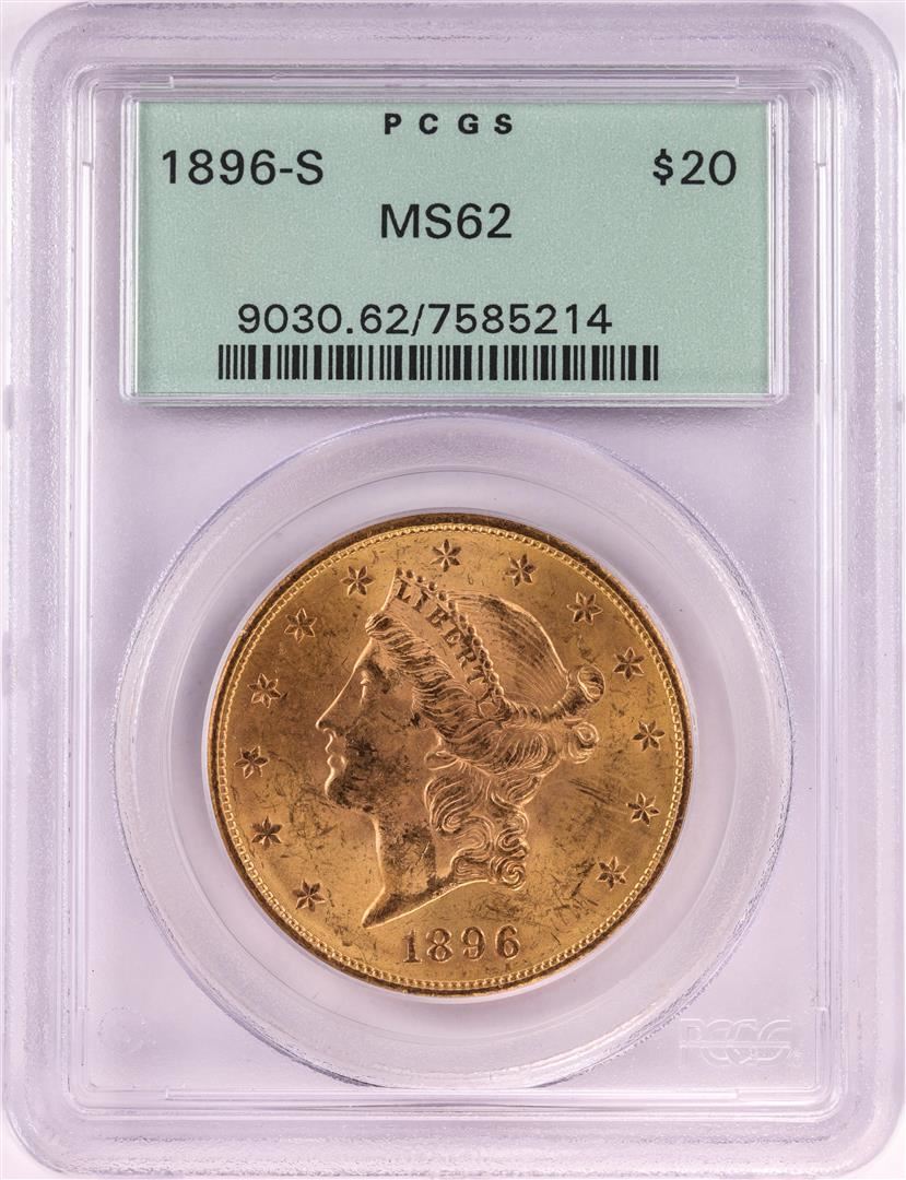 1896-S $20 Liberty Head Double Eagle Gold Coin PCGS MS62 Old Green Holder - BK Auctions