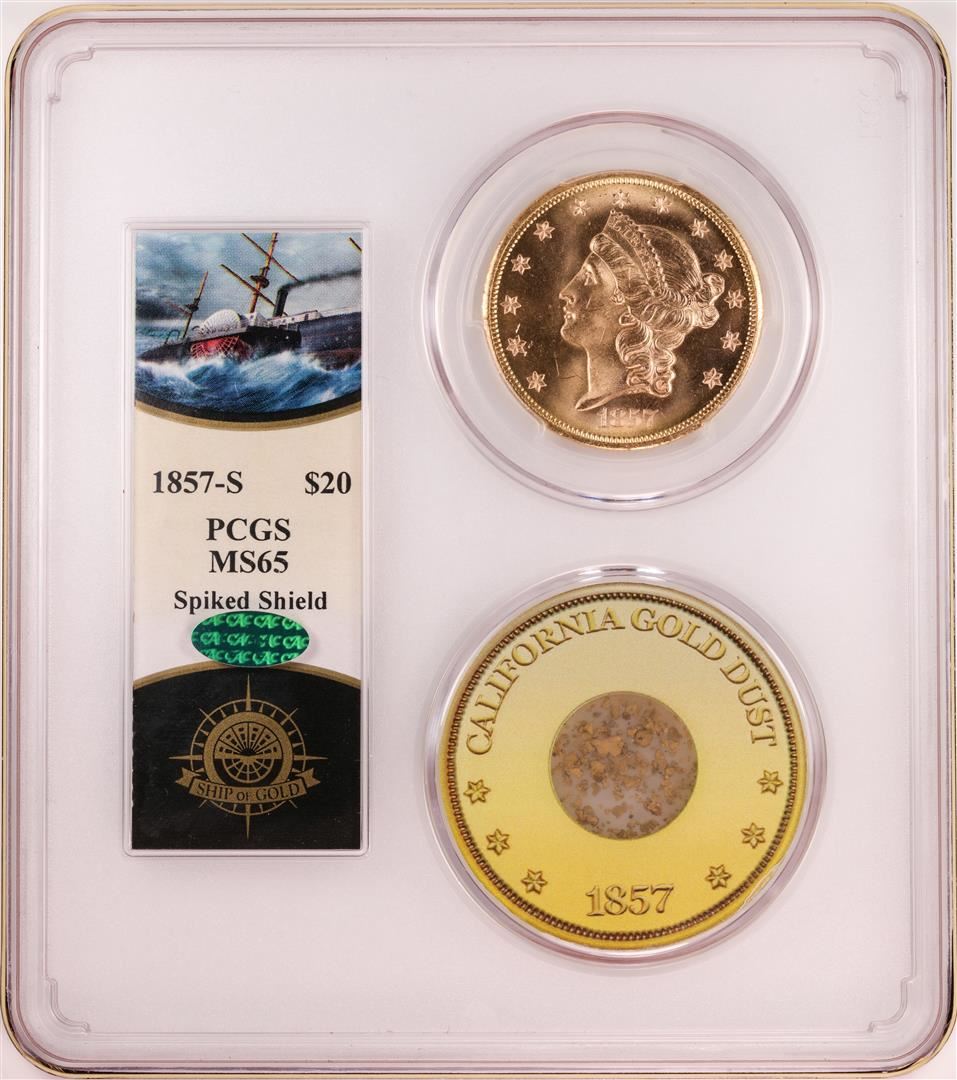 S.S. Central America 1857-S $20 Liberty Head Double Eagle Gold Coin PCGS MS65 CAC - BK Auctions
