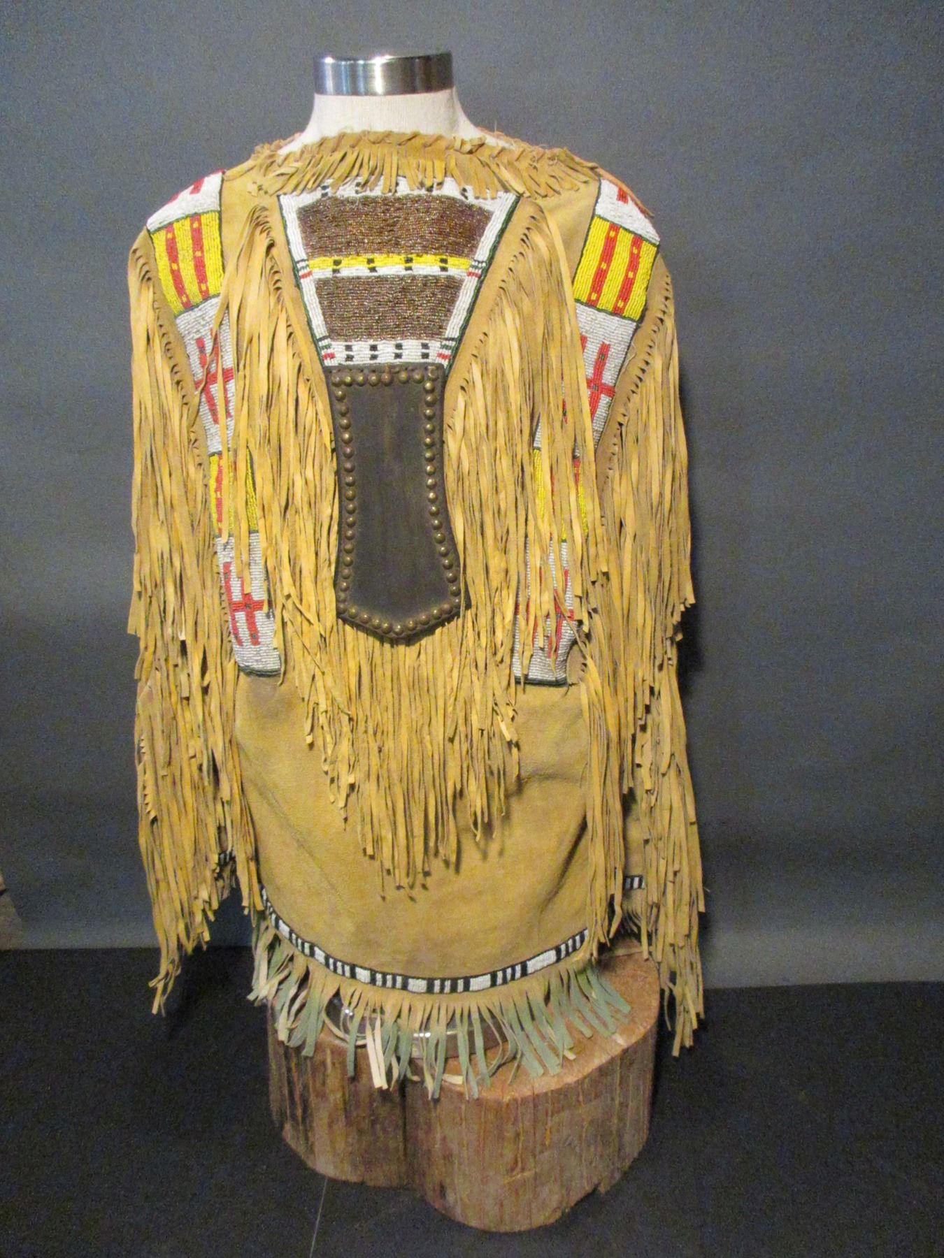 Beaded And Fringed Buckskin War Shirt- Studded- 34"L- Extra Nice