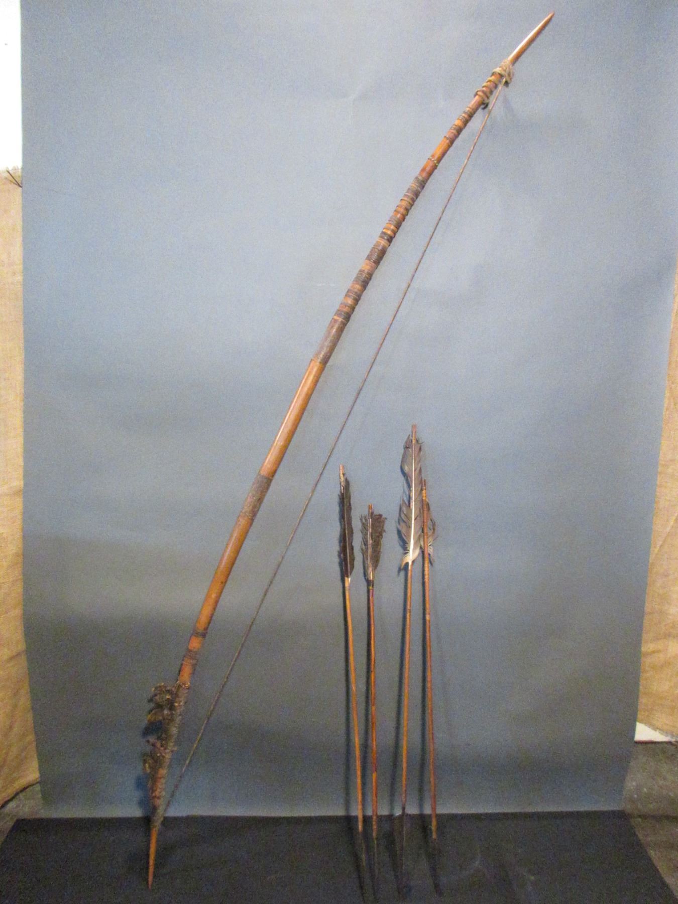 African Bow And Arrows- 75" Leather Wrapped Bow- 4 Metal Tipped Arrows ...