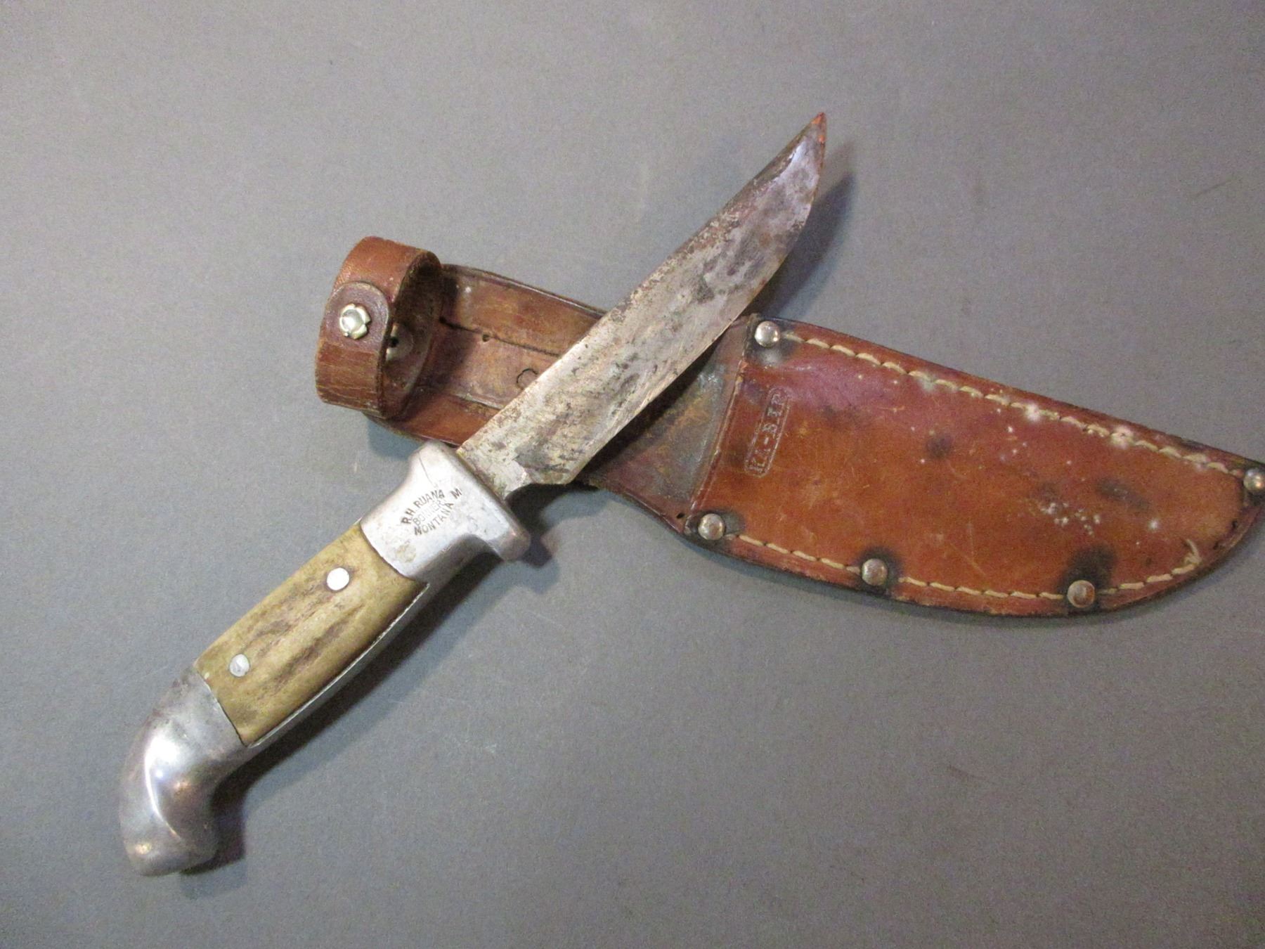 Marked RH Ruana Bonner Montana Knife- M Stamp- Sheath- 5" Blade- 4.5 ...