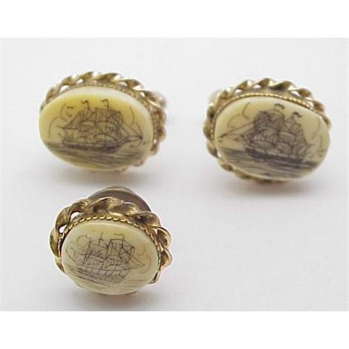 Scrimshaw cufflinks and tie pin set