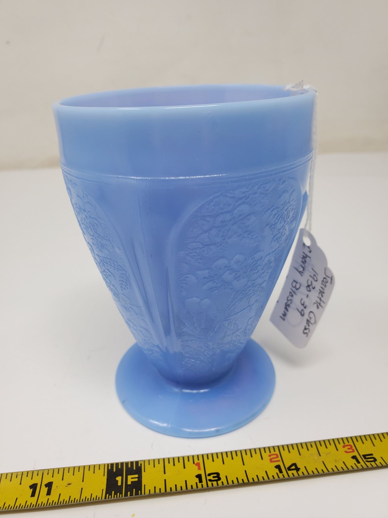 100. Delphite lemonade glass, “Cherry Blossom”, Jeanette Glass, 1930-39