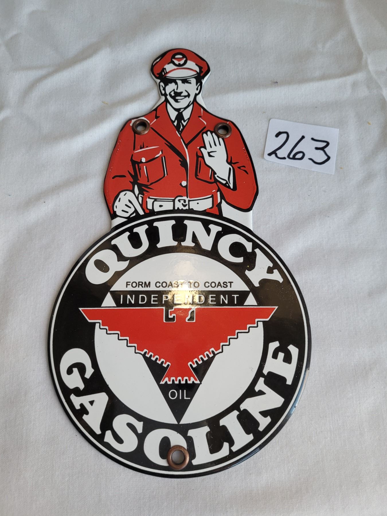 Small porcelain Quincy Gasoline sign 8 x 4.25"