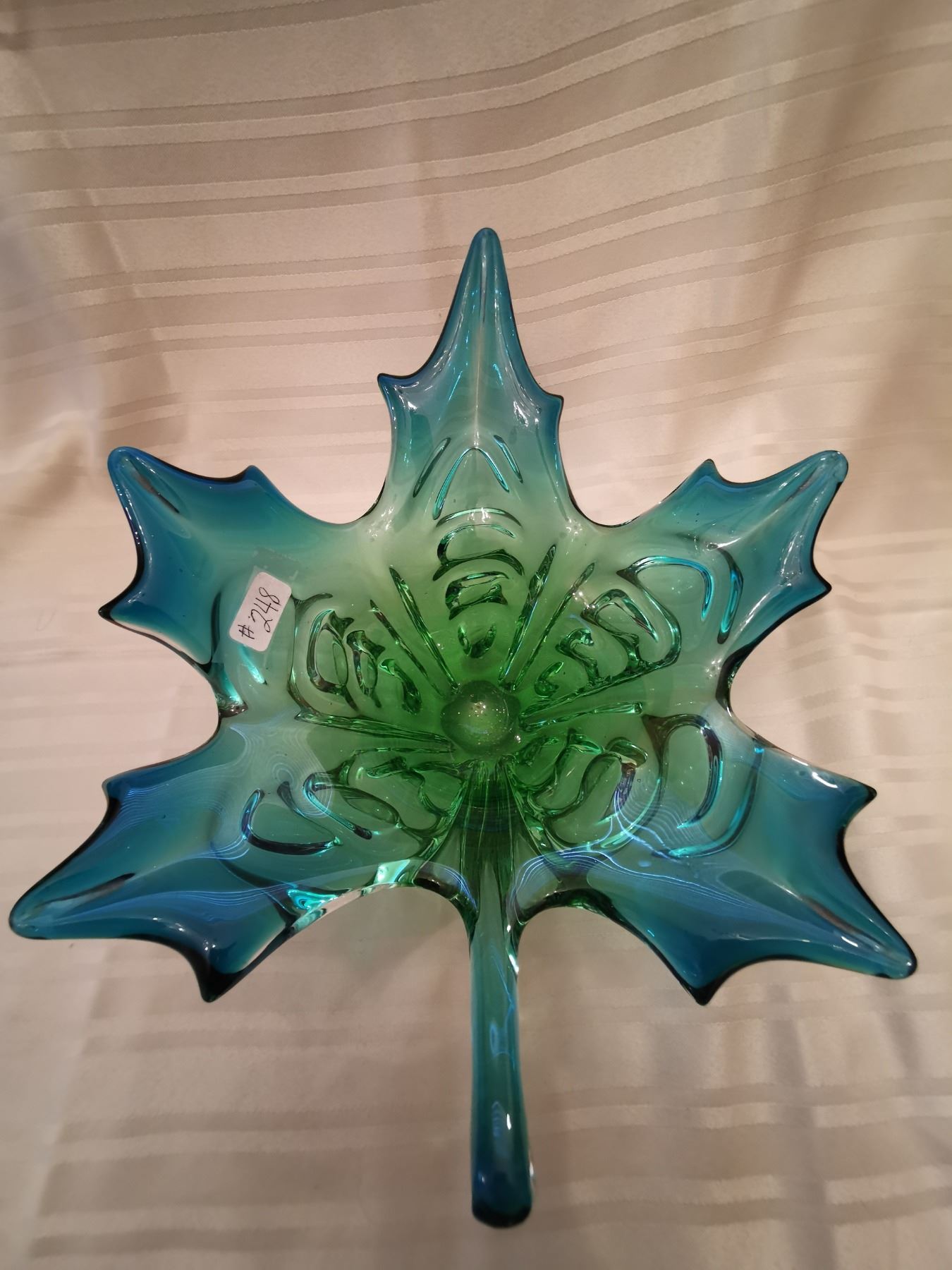 248. Glass maple leaf centerpiece, blue& green, engraved “Chalet”, 13 ...