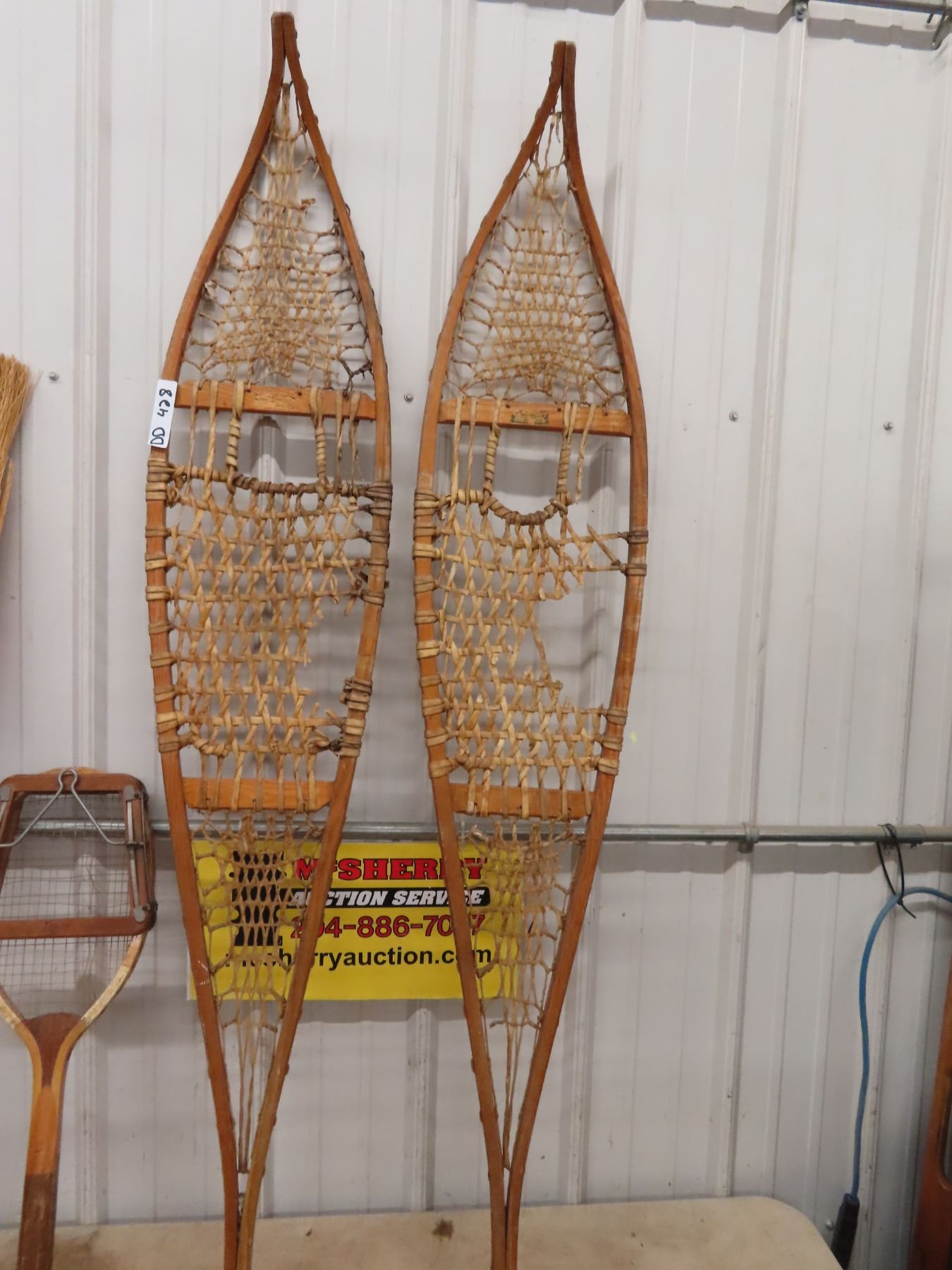 Set of Snowshoes, 2 Curling Brooms, & Tennis Racket- Vintage