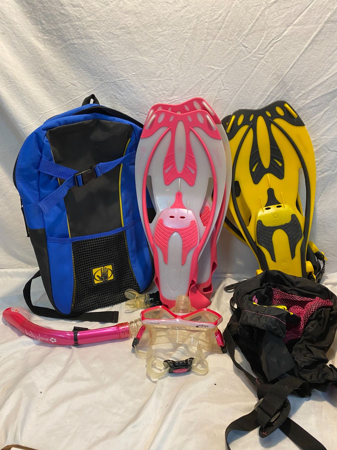 flippers, mask, snorkel and bodyglove bag