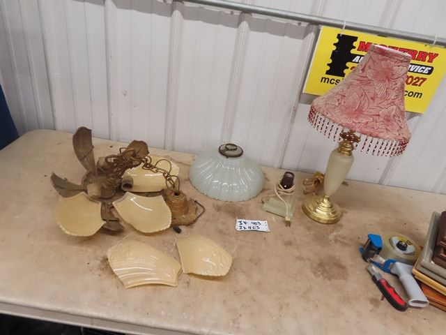 Cast Light Fixture (Complete w Glass), Glass Shade, & Table Lamp