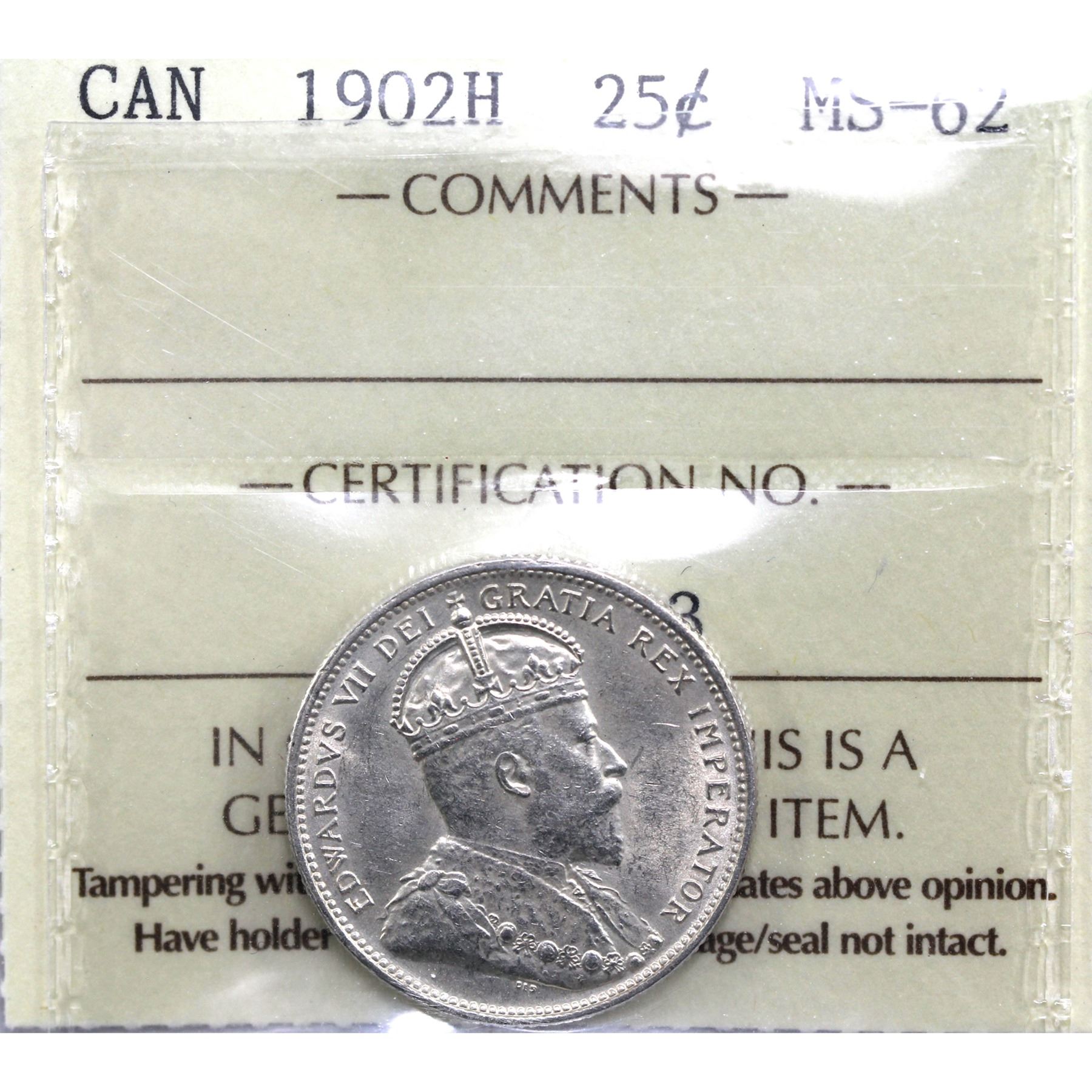 25-cent 1902H ICCS Certified MS-62. A high grade Edwardian coin with nice original mint lustre!