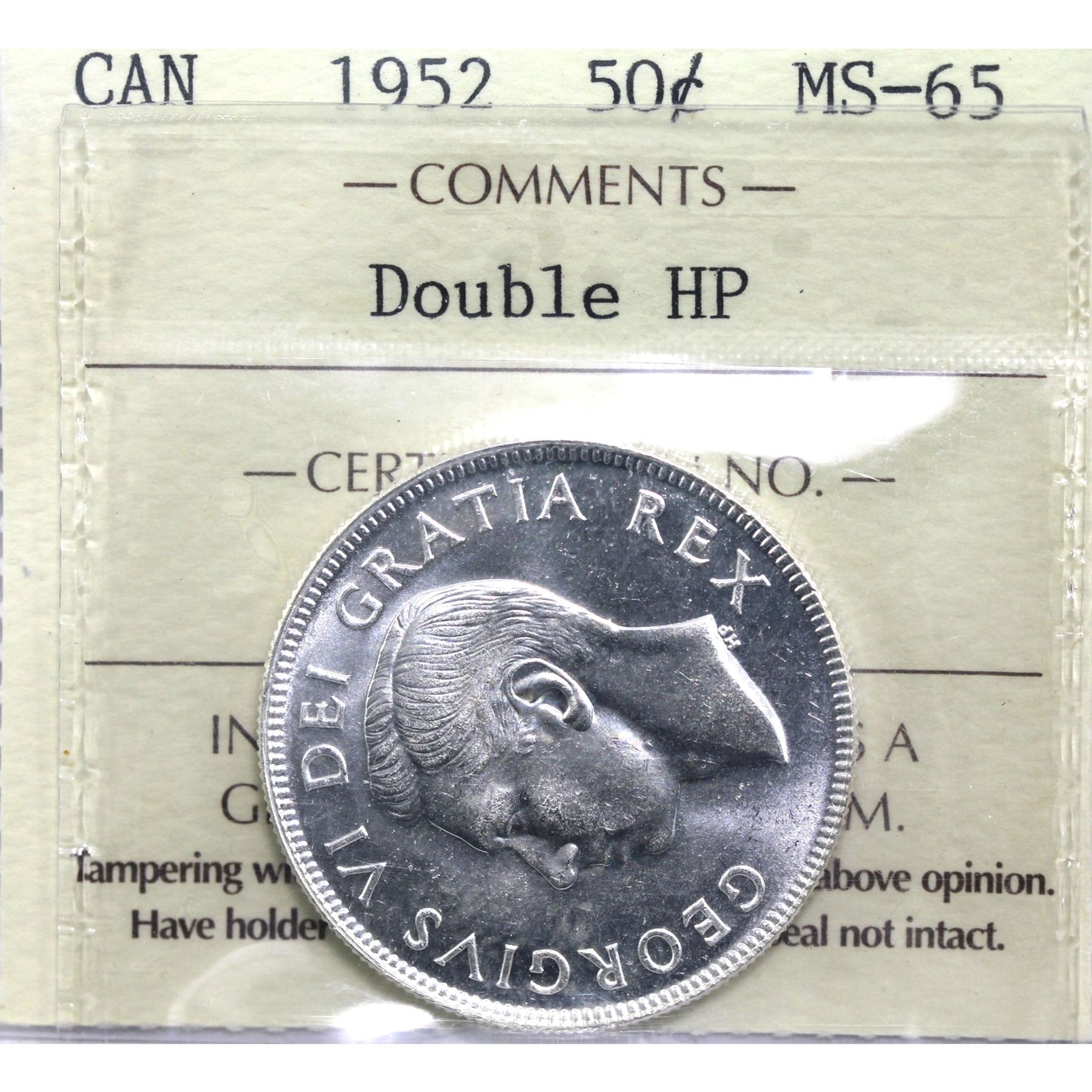 50-cent 1952 Double HP ICCS Certified MS-65. Full lustrous white coin ...