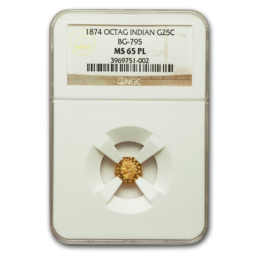 1874 Indian Octagonal 25¢ Gold MS-65 NGC (PL, BG-795)