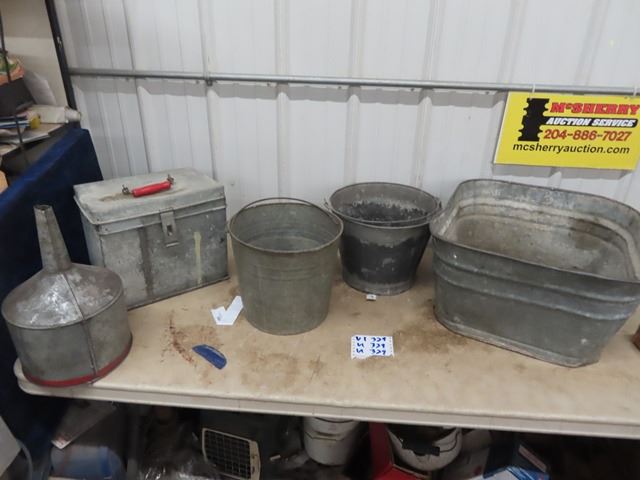 Various Galvanized Tubs- 2 Handled Pails, 1 CNR Pail, Lunch Box, & Funnel