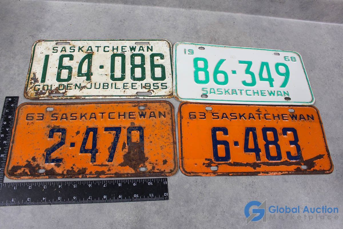 (4) Saskatchewan License Plates - 1955 (Golden Jubilee), 1963, & 1968