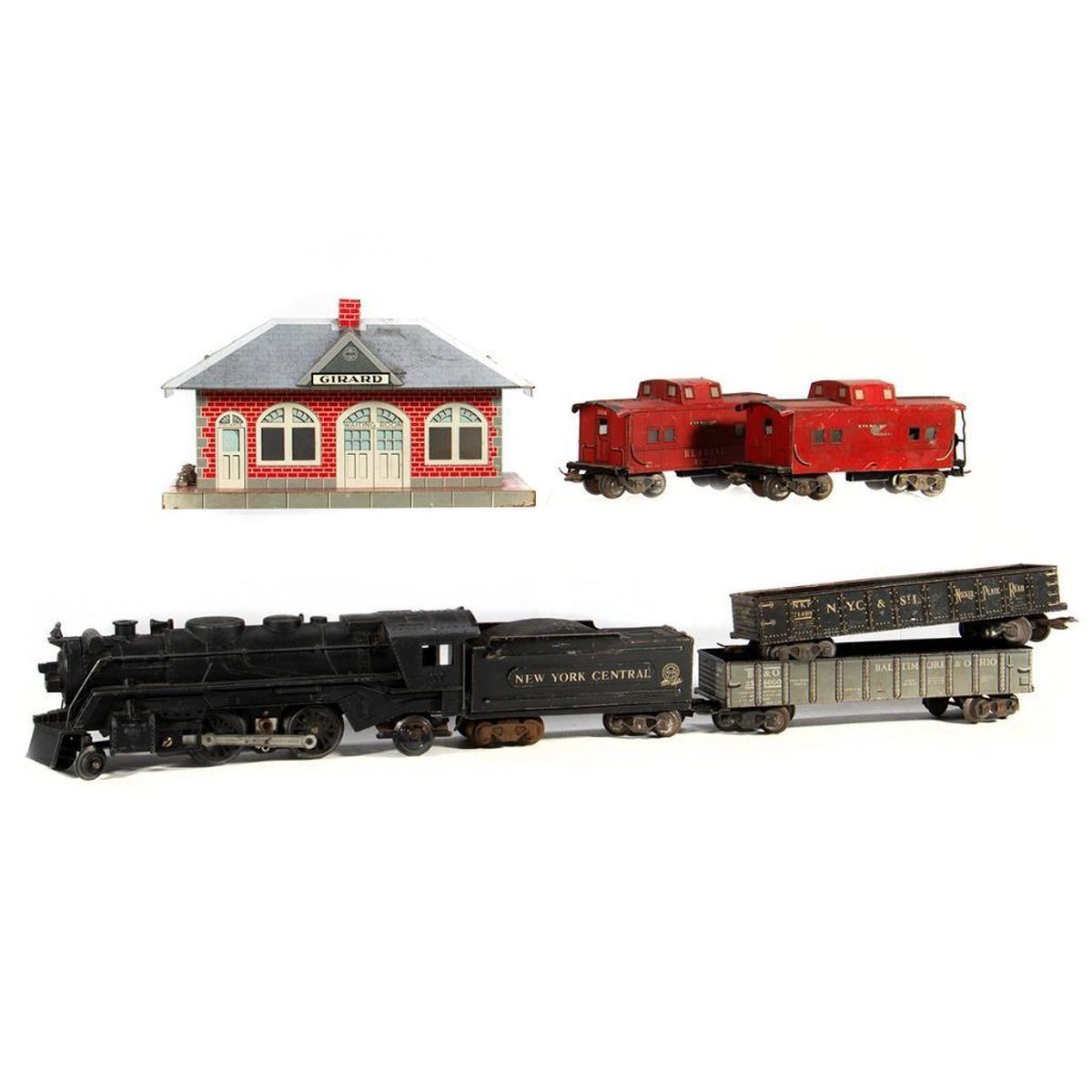 Marx train cars and Girard whistling station