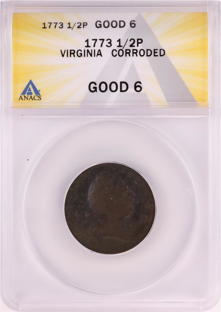 1773 Virginia Colonial Copper Half Penny Coin ANACS Good 6