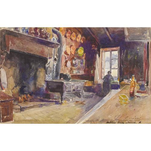 E. PAVIS, Interior Kitchen, Watercolor on paper