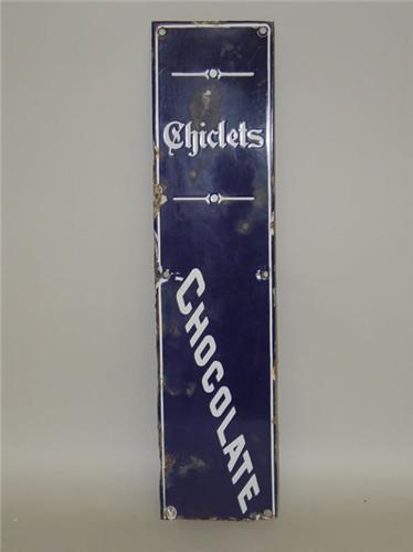 VINTAGE CHICLETS CHOCOLATE BLUE ENAMEL TRADE SIGN (20 1/2" X