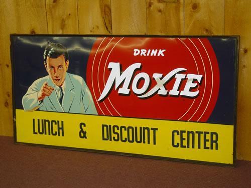 LARGE VINTAGE MOXIE PAINTED & DECALED TIN ADVERTISING SIGN W