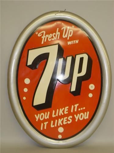 VINTAGE 7-UP OVAL TIN ADVERTISING SIGN "FRESH UP WITH 7-UP