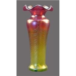 Czech Bohemian Raspberry + Green Art Glass Vase#1594691