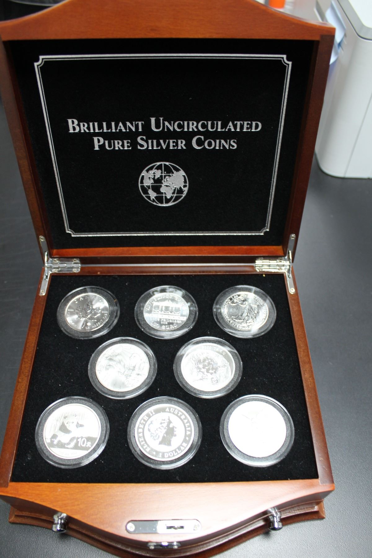 Silver Coins of the World in Wood Display Case