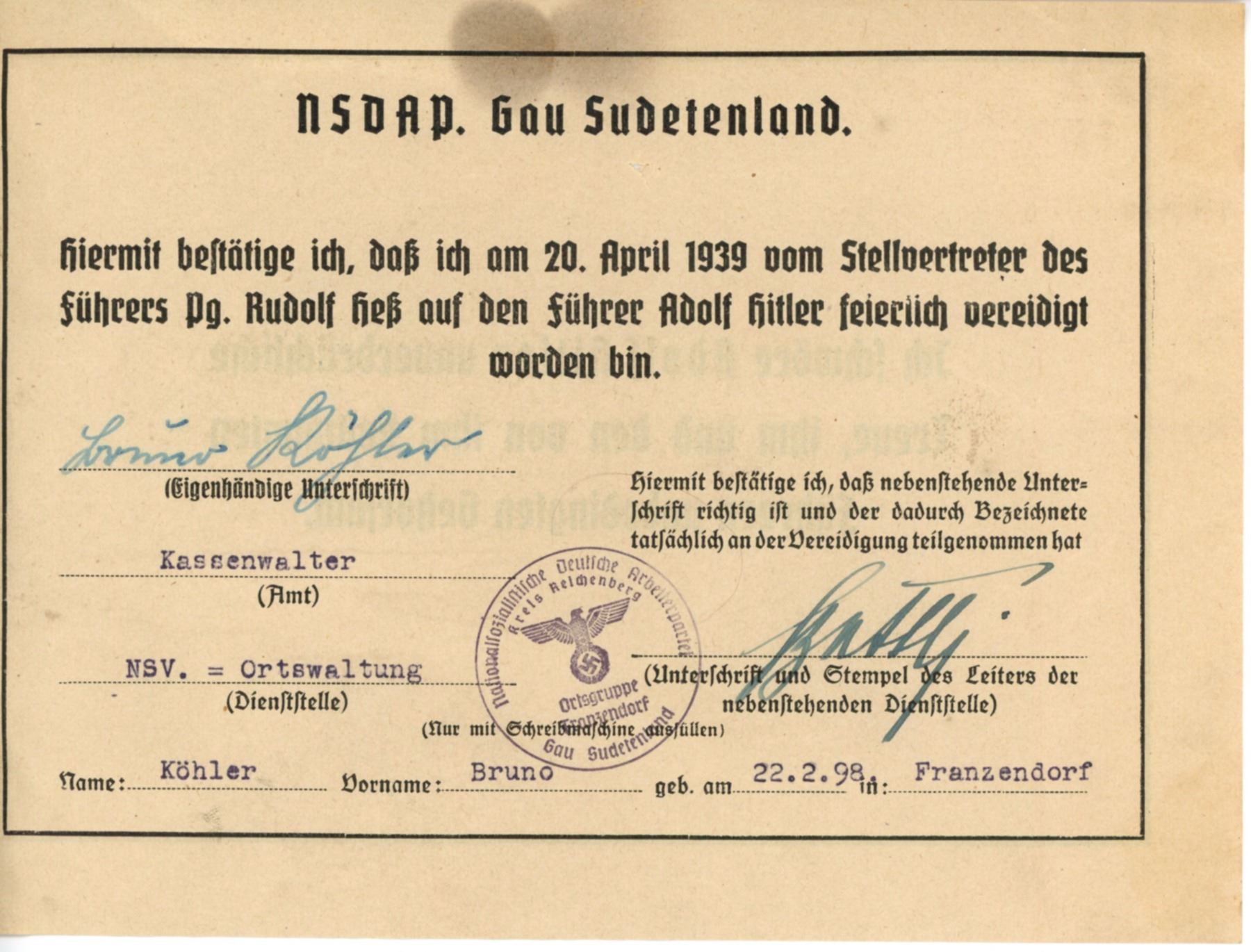 Germany WWII Adolf Hitler Document Sudetenland / Hitler