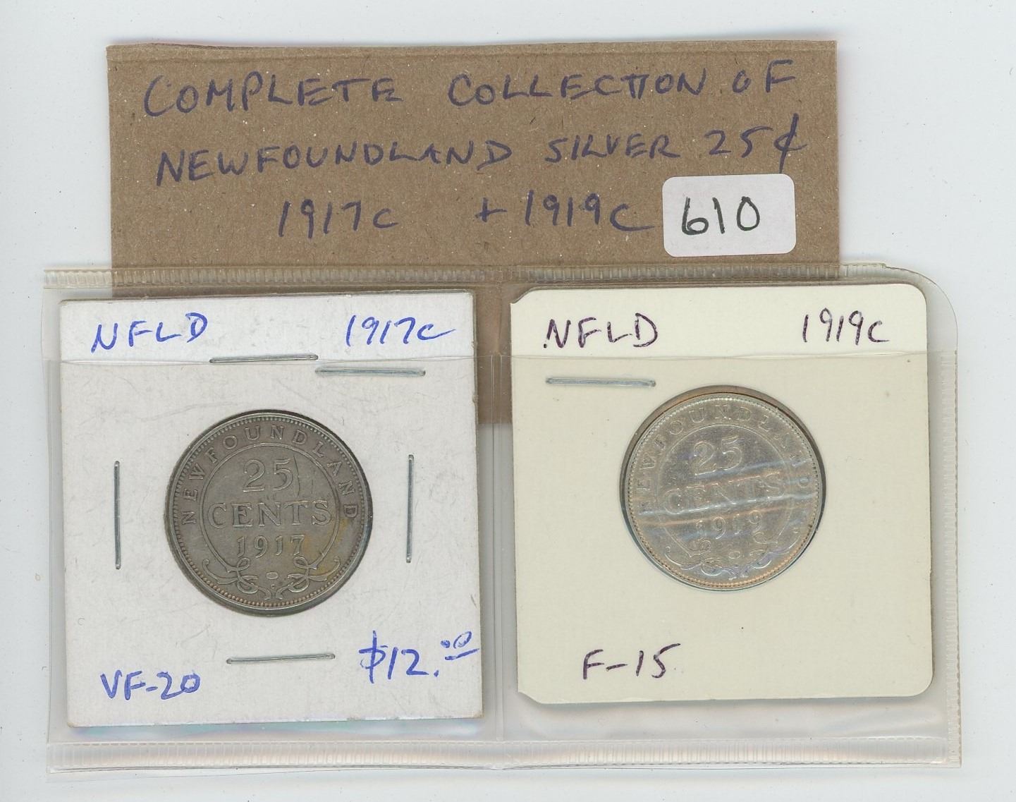 Complete Collection of Newfoundland Silver 25 cents. Includes both 1917c and 1919c. Coins grade ...