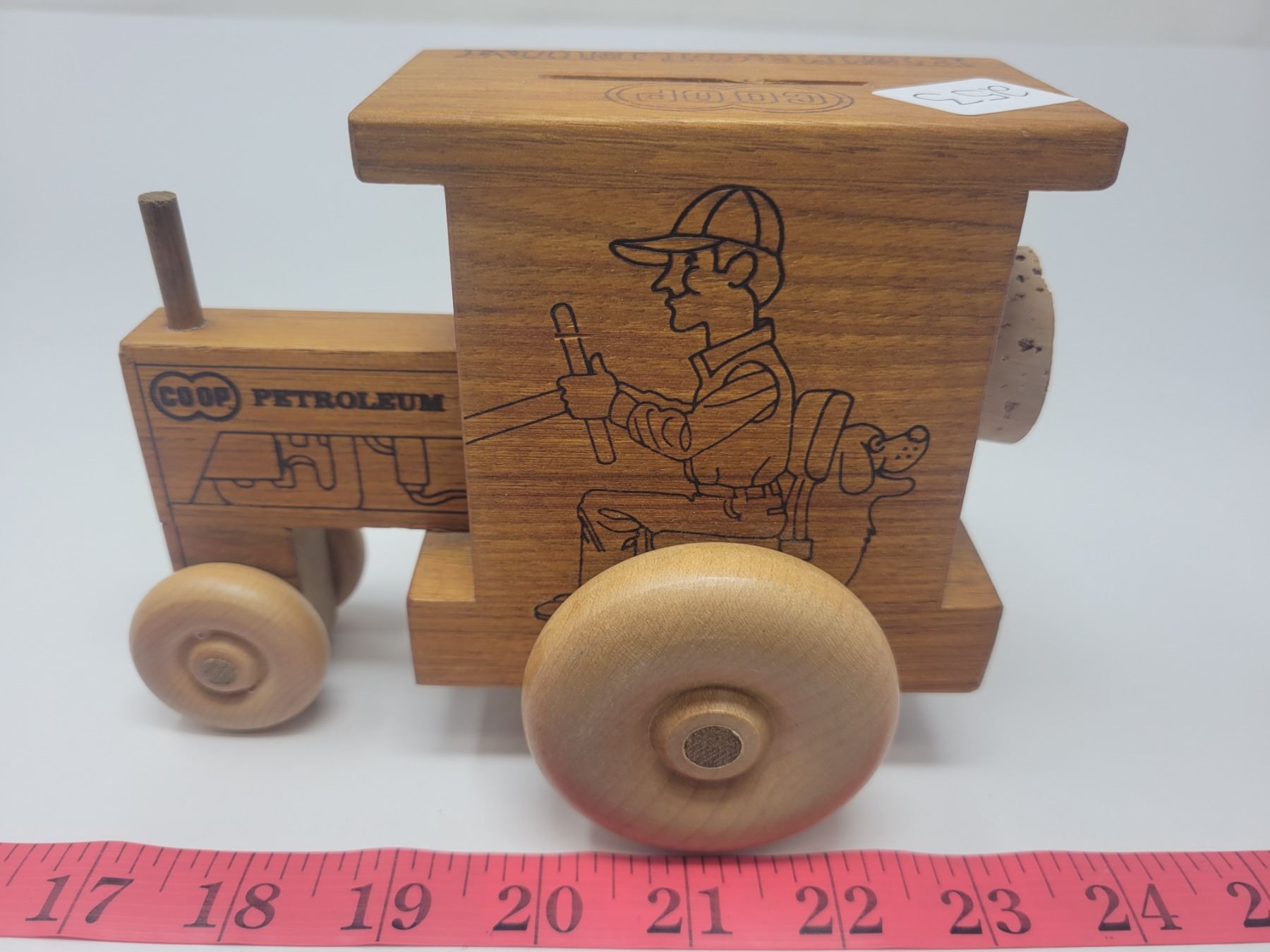 Wooden CO-OP toy tractor coin bank, Toystalgia 1979