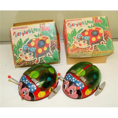 2 Japanese Flapping Lady Bug Tin Litho Wind #1626108