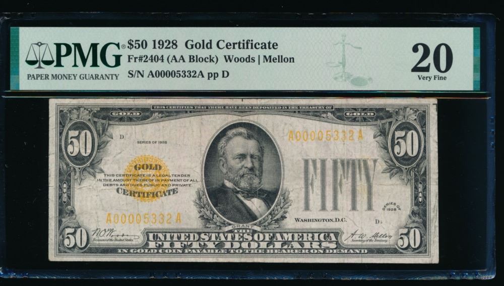 1928 $50 Gold Certificate PMG 20