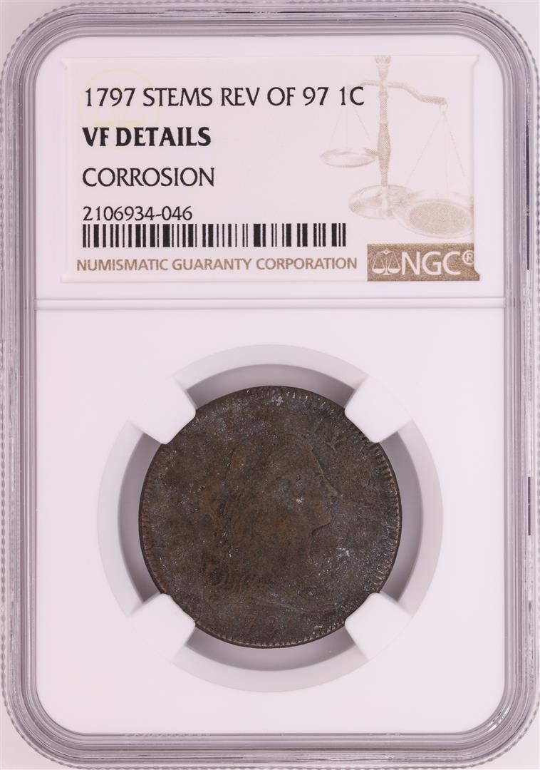 1797 Stems Rev of 97' Draped Busted Large Cent Coin NGC VF Details