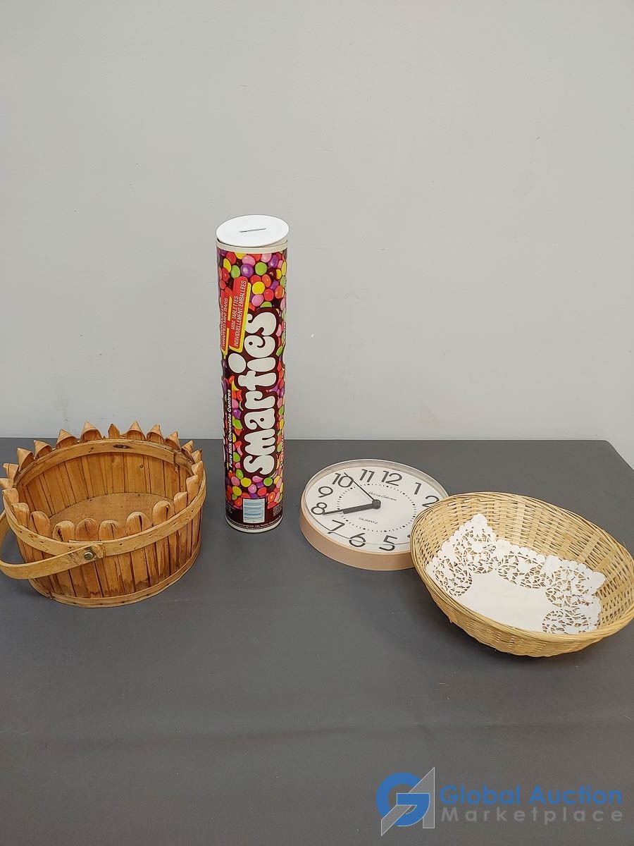 Vintage Smarties Container w/Knitting Needles, Wicker Baskets & Clock