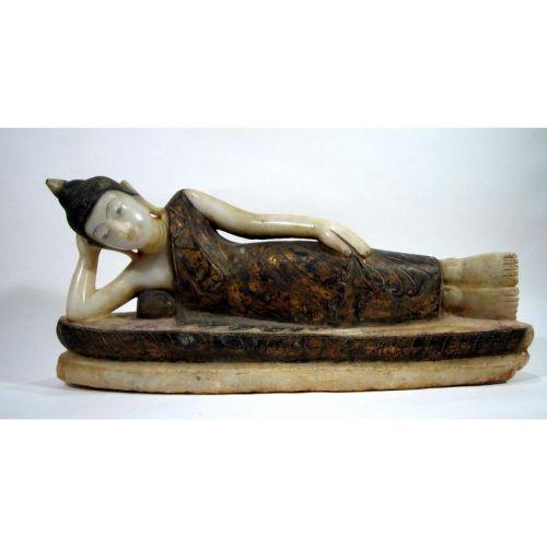 A SUPERB SHAN RECLINING ALABASTER BUDDHA,