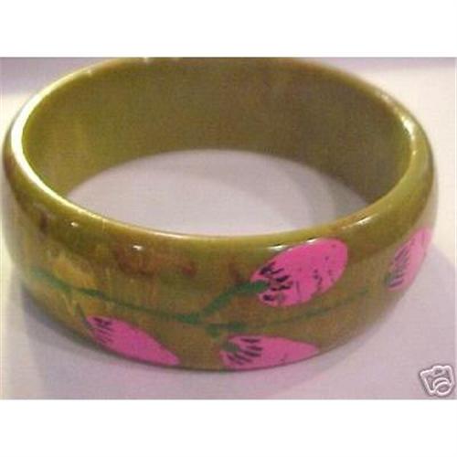 Green and Painted Flower Bakelite Bangle #1735013