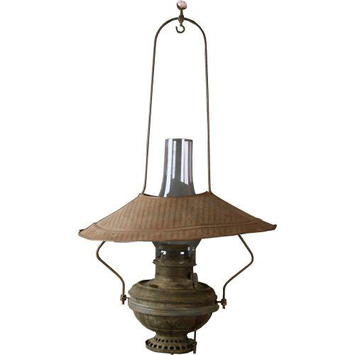 Early Saloon Hanging Lamp Brass Fount / Tin Shade