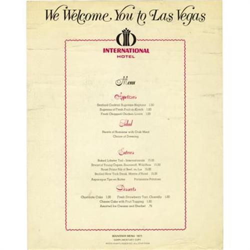 Elvis Presley Souvenir Menu International Hotel