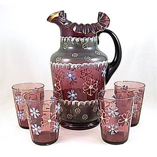 Antique VICTORIAN Art GLASS Lemonade SET #1792532