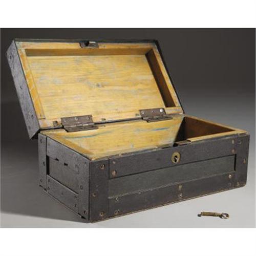 IRON STRONG BOX Vintage wood lined box with bras