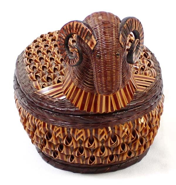 Hand-Woven Wicker Rattan Ram Shaped Lidded Basket