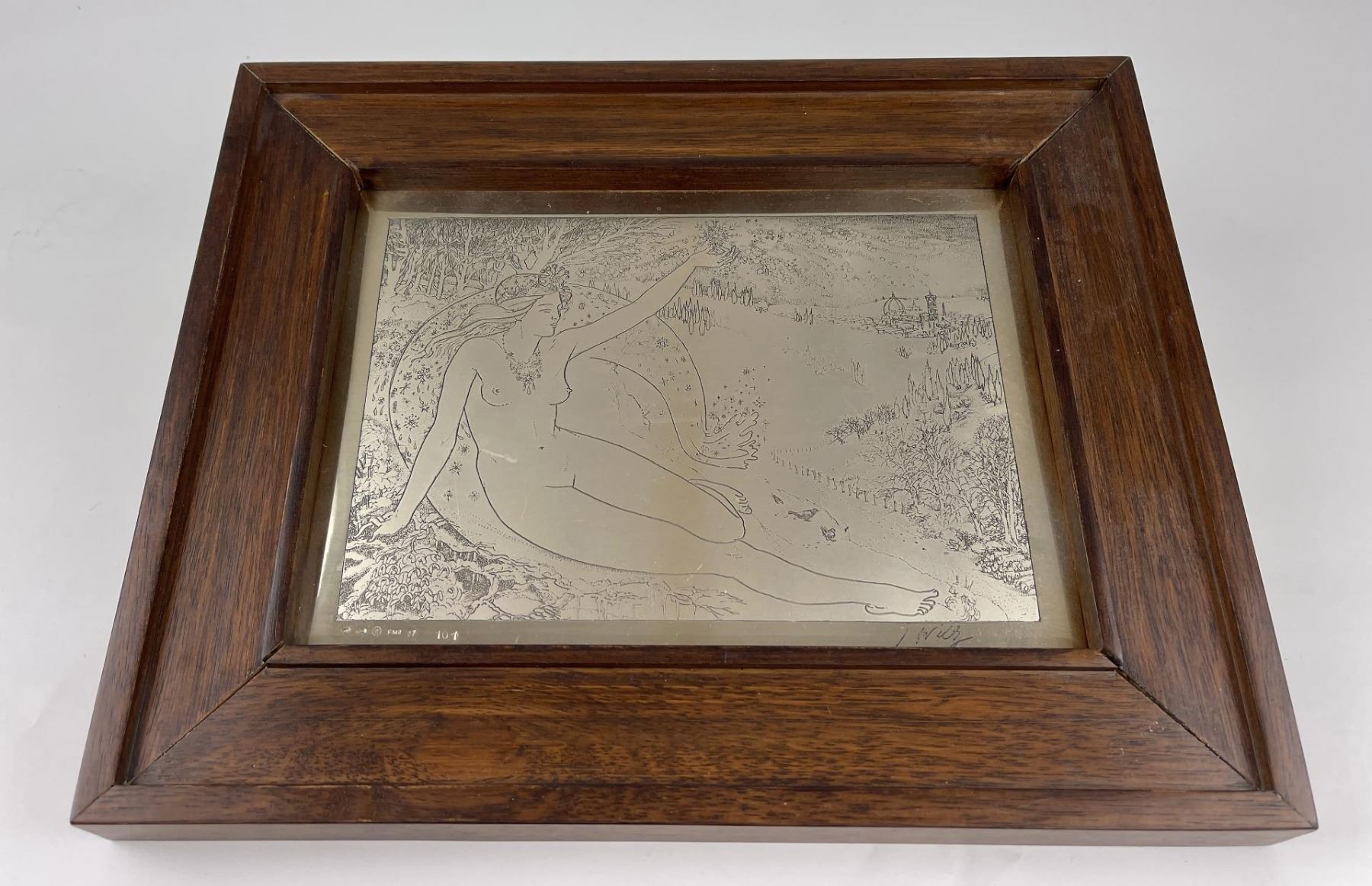 Art Nouveau Sterling Silver Nude Framed Etching