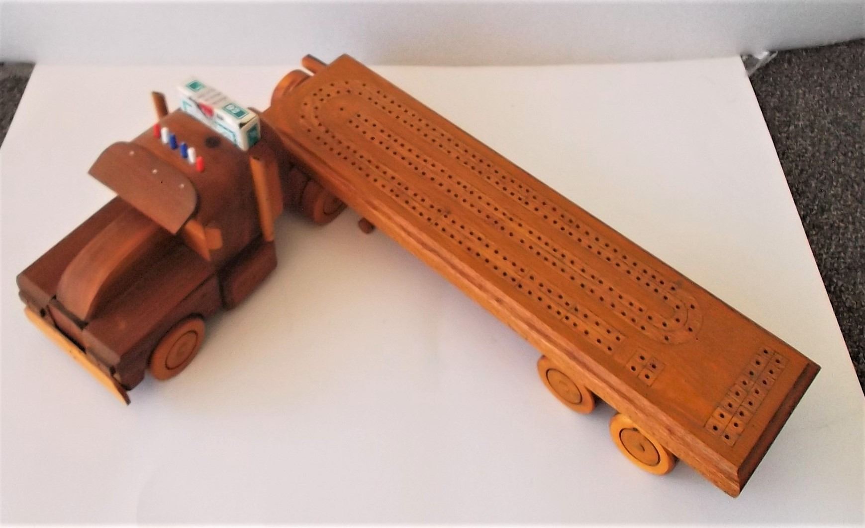 Handmade Wooden Semi-Truck and Trailer Cribbage Board - with cards and pegs