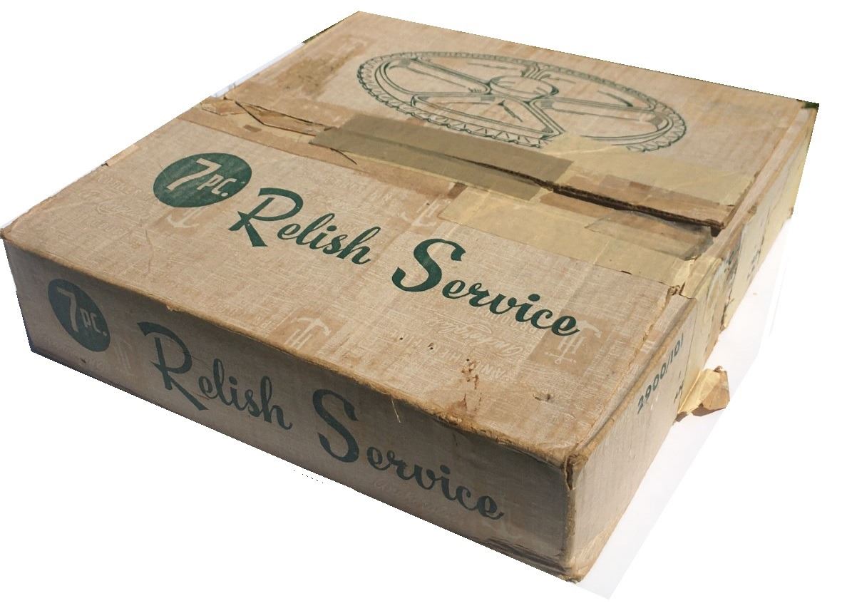 Vintage Relish Service Set in Original Box - Green Glass