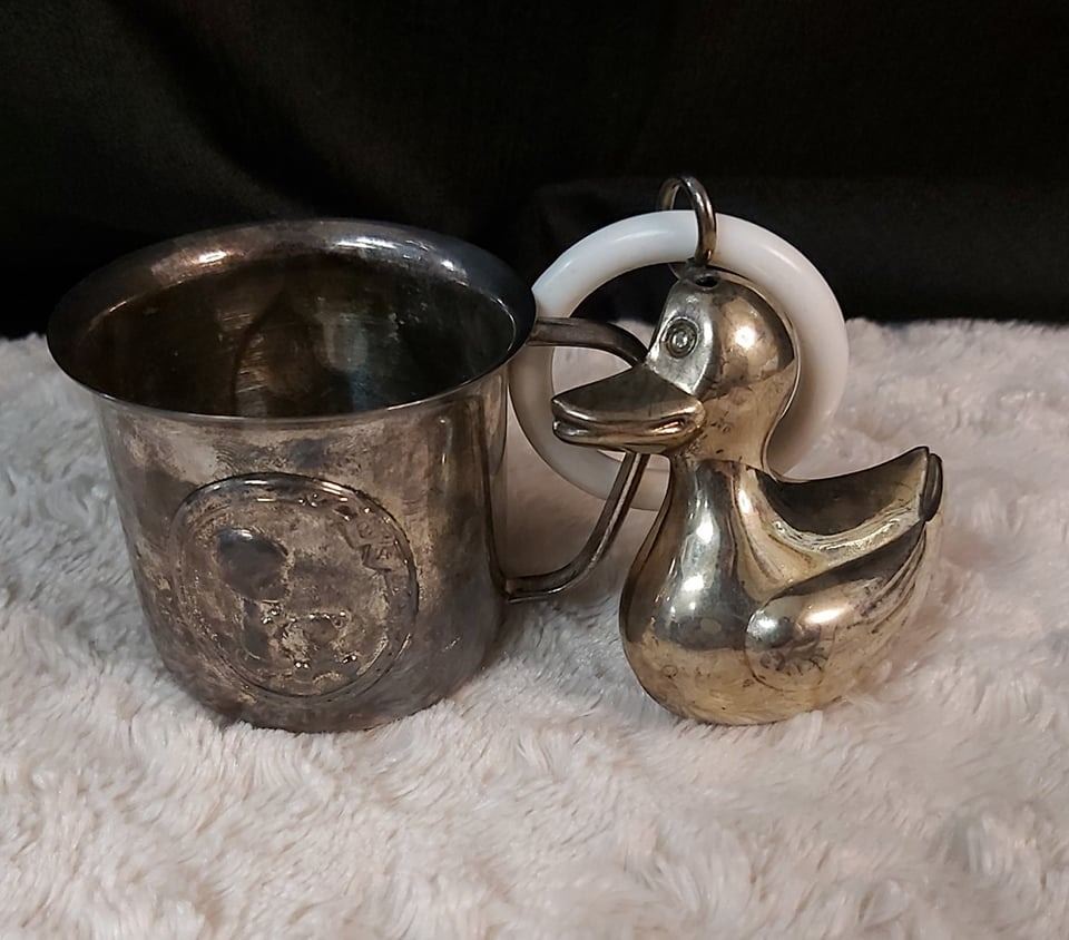 Cameron & Sons Ltd. Baby cup and vintage rattle