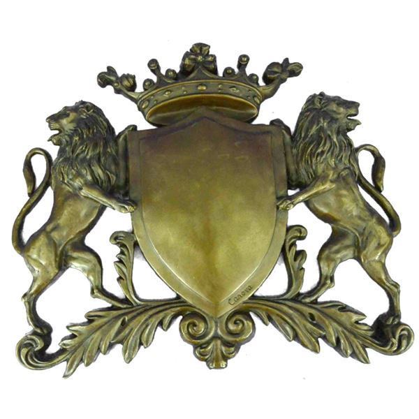 Lion & Crown Family Crest Shield Bronze Wall Sculpture